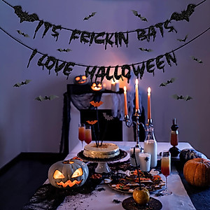 Bats Halloween Decoration, It's Frickin Bats I Love Halloween Banner - Fufuddz 26PCS 3D Bat Wall Decor Stickers Decals Indoor Outdoor Cute Spooky Garland Party Supplies for Mantle Home