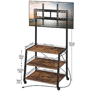 HOOBRO Rolling TV Stand with Mount and Power Outlet Up to 55 inch TV, Corner Entertainment Center, Small TV Stand with 3-Tier Storage Shelves for Living Room, Bedroom, Rustic Brown and Black BF66UDS01