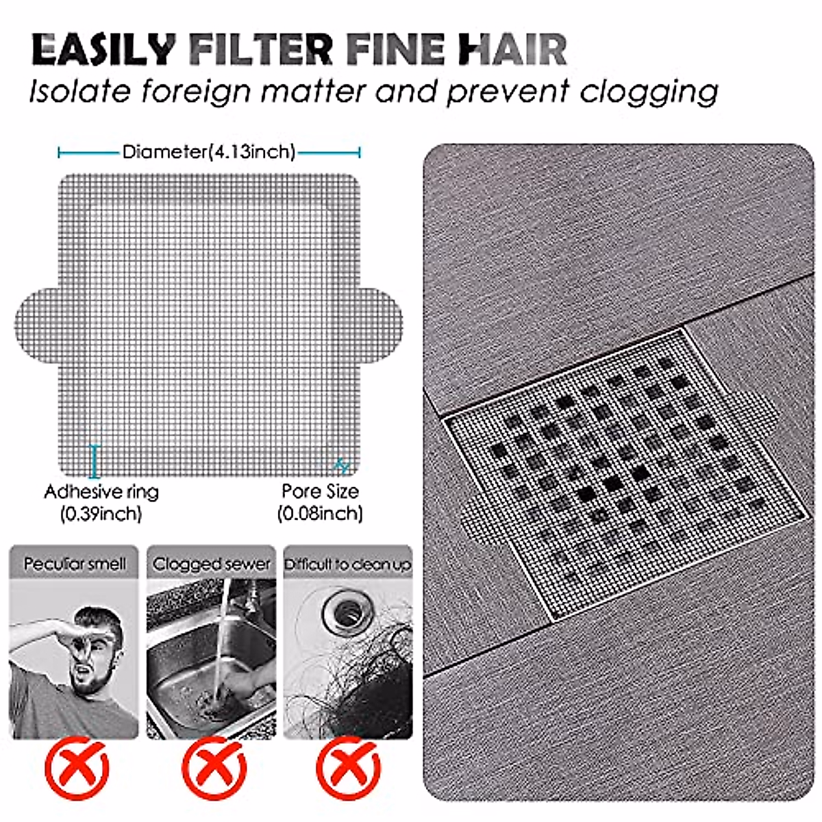 OneAXE Disposable Hair Catcher Shower Drain Floor Sink Strainer Filter Mesh with Stickers for Bathroom and Kitchen 30 Pack Square Grey, Gray, DL003