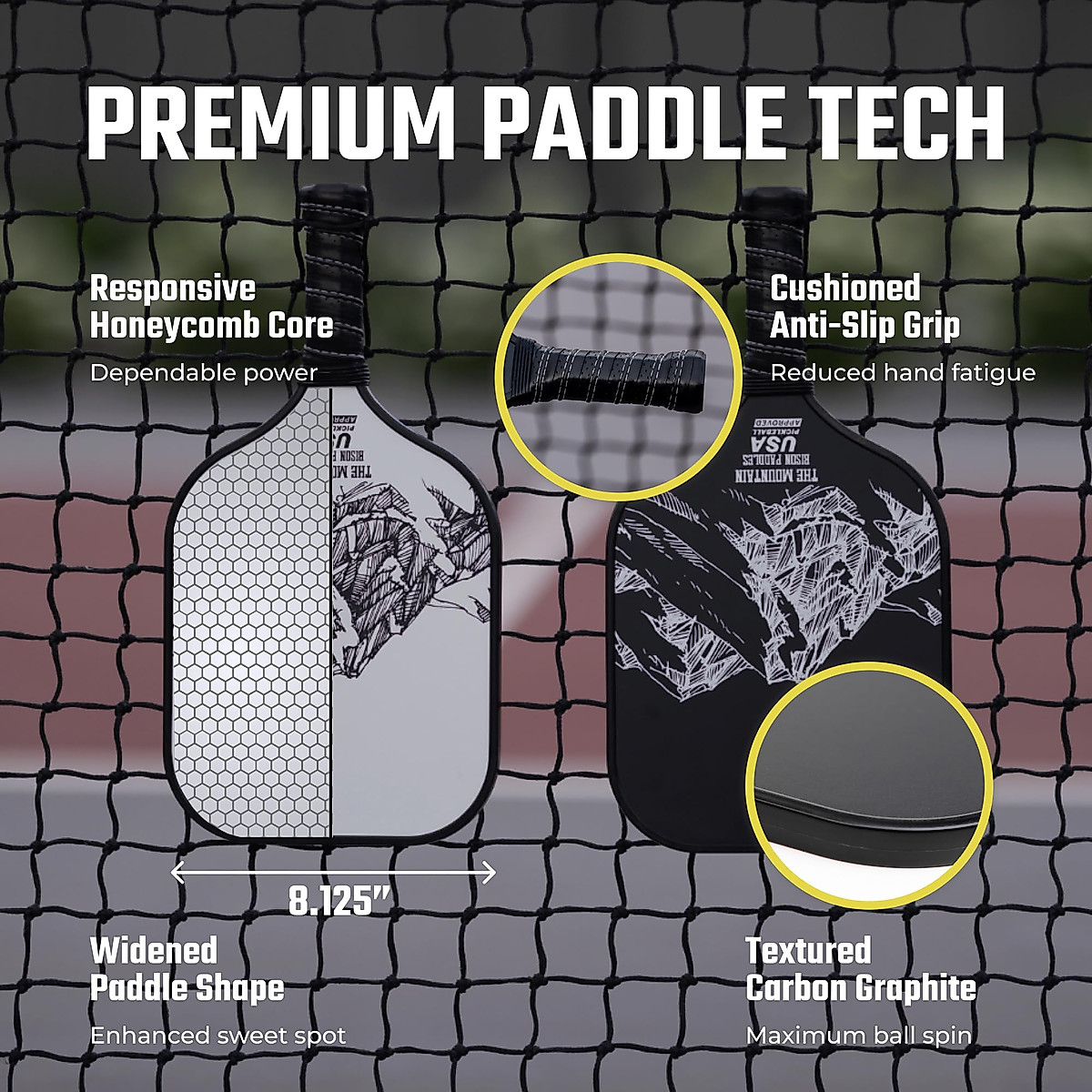 Pickleball Paddles Set of 2 | Lightweight & Powerful | Durable Unibody Construction | Textured Carbon Surface & Honeycomb Core | Pickleball Set Includes 4 Pickleballs, & Carry Case | USAPA Approved