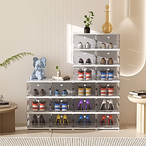 TIDYAVE Shoe Boxes Clear Plastic Stackable, Shoe Storage Organizer Boxes Easy Installation All in One Shoe Box with Doors 6 Tier Foldable Shoe Box Space Saving for Closet Entryway Containers Bins