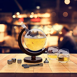 Whiskey Decanter Set, Etched World Globe, Crafted Glass Sailing Shipe, 1000ml Capacity, Ice Tongs, Whiskey Stones, Home Bar Liquor Decoration, Alcohol Gifts for Father& Husband