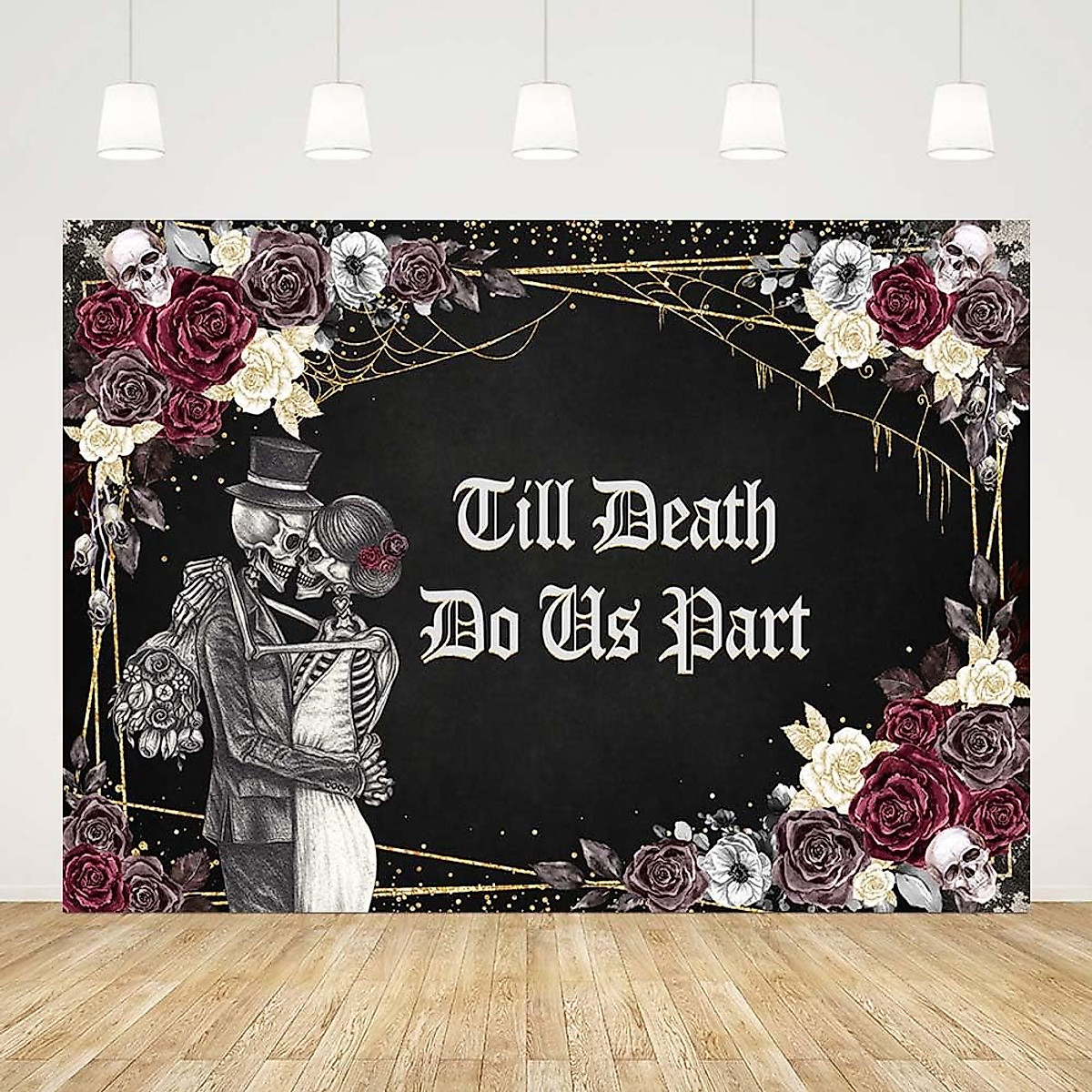 AIBIIN 7x5ft Halloween Till Death Do Us Part Backdrop Spooky Skull Gothic Wedding Party Decorations Supplies Bridal Shower Bride and Groom Mr and Mrs Anniversary Party Banner Photo Studio Props
