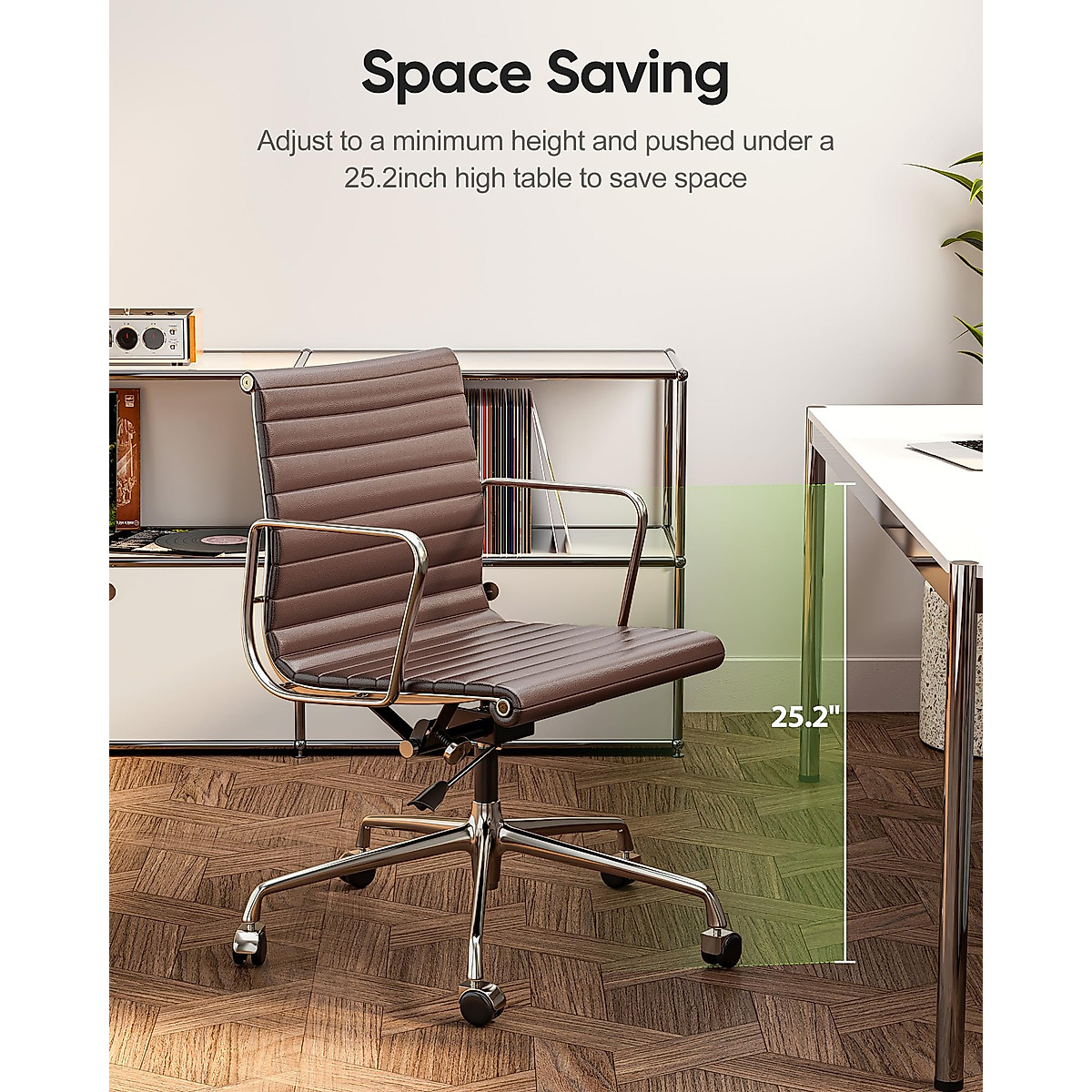 Ribbed Office Chair, Mid Back Top Black Grain Leather Desk Chair, Swivel Chair Adjustable Ergonomic Computer Desk Chair with Aluminium Alloy Frame and Silent Nylon Wheels