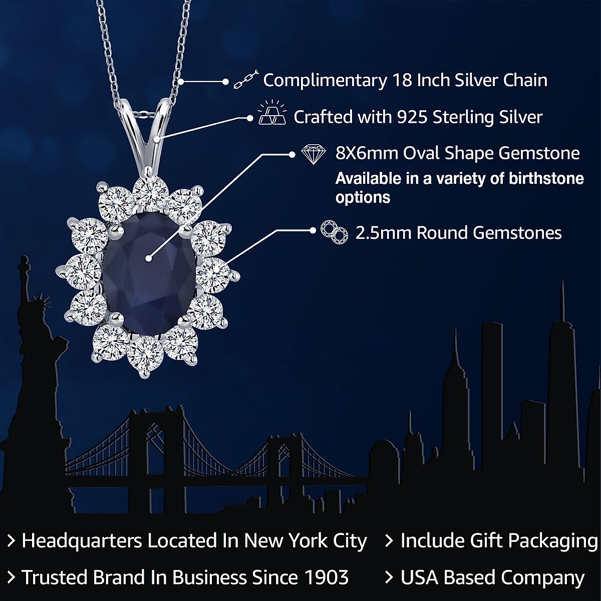 Gem Stone King 925 Sterling Silver Oval Gemstone Birthstone Necklace | Oval 8X6MM | Halo Pendant Necklaces for Women | with 18 Inch Silver Chain