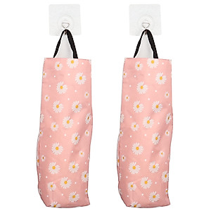 QIANRENON Kitchen Grocery Plastic Trash Bag Holder Washable Wall Mount Folding Little Daisy Storage Bag for Kitchen Bathroom Living Room Office Camper 2 PCS with 2 Hooks (Daisy Pink)