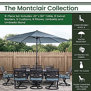 Hanover Montclair 9-Piece All-Weather Outdoor Patio Dining Set, 8 Swivel Rocker Chairs with Comfortable Seat and Lumbar Cushions, 84"x42" Stamped Rectangle Table, Umbrella, and Umbrella Base