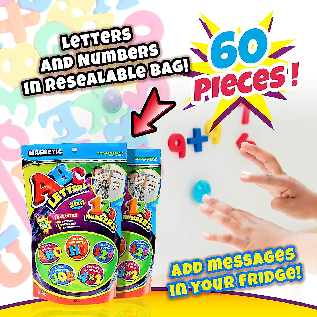 JA-RU ABC Magnetic Letters & Numbers (12 Bags) Colorful Plastic Letters Uppercase & Numbers Refrigerator Magnets for Kids. Educational Learning Toys Preschool Math & Alphabet. Classroom Toys. 1403-12p