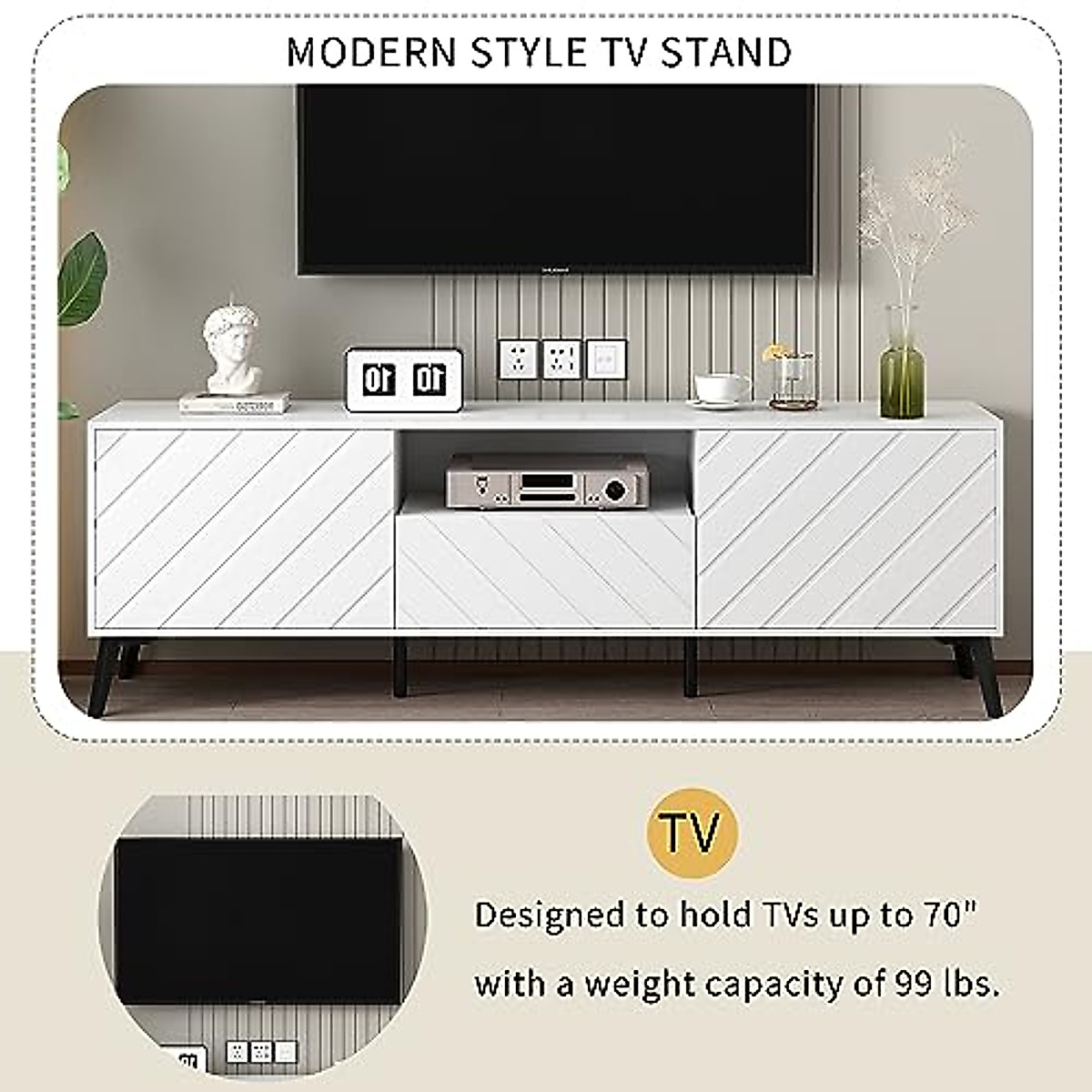 Furnicare Mid Century Modern TV Stand for 75 Inch TV, Entertainment Center Wood TV Cabinet with Drawer and Open Shelf, Media TV Console Table with Metal Feet for Living Room Bedroom, White