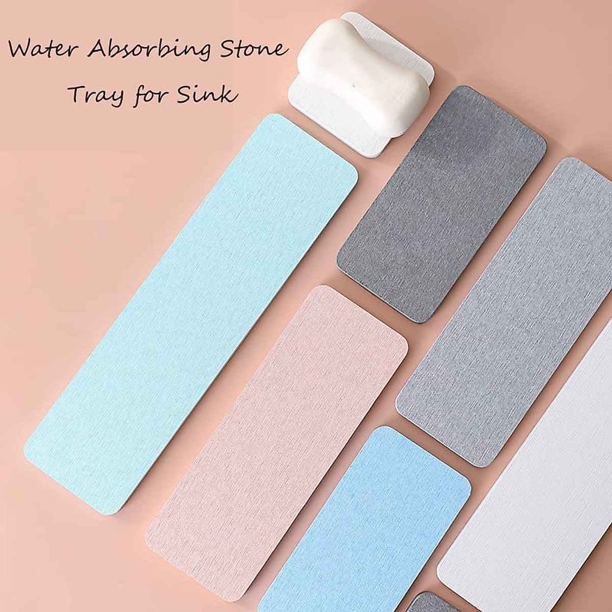 GEEBXY Water Absorbing Stone Tray for Sink, Set of 4 Fast Drying Stone Sink Tray, Instant Dry Sink Organizer for Kitchen Bathroom (Pink)