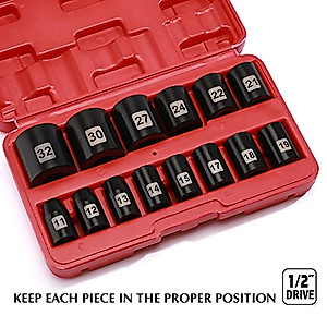 EMENTOL 14 PCS 1/2" Drive Standard Impact Socket Set, Metric, CR-V, 1/2-Inch Drive Shallow Impact Socket Set, 11mm - 32mm