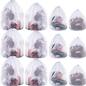 12 Pcs Mesh Laundry Bag with Drawstring White Heavy Duty Mesh Bag Machine Washable Sheet Drawstring Bag Net Wash Bag Laundry Washing Bag for Delicates College Dorm (Fine Style)