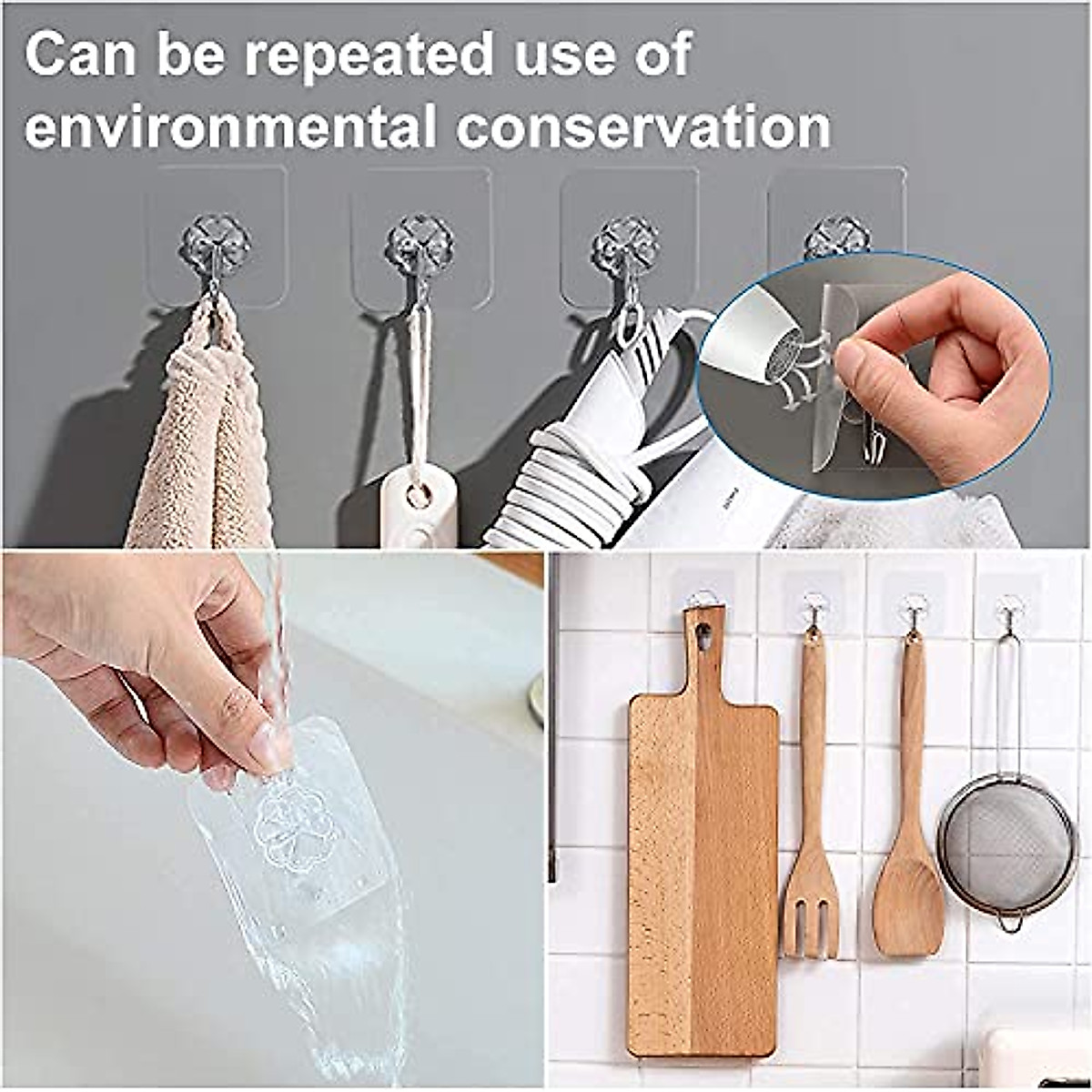 Adhesive Hooks, Heavy Duty Wall Hooks- 44 lb/ 20 kg(Max), Wall Hangers, Transparent Reusable Sticky Hooks, Utility Hooks for Bathroom, Kitchen, Door, Office, Window, Nail Free, Waterproof, Oil-Proof