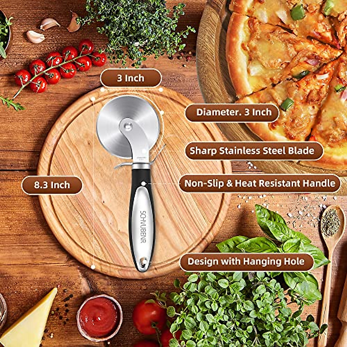 SCHVUBENR Premium Pizza Cutter - Stainless Steel Pizza Cutter Wheel - Easy to Cut and Clean - Super Sharp Pizza Slicer - Dishwasher Safe - Handles Large and Small Pizza - Corte De Pizza(Black)