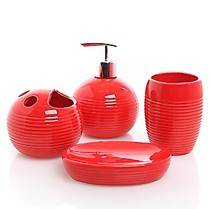 MyGift 4 Piece Modern Red Ceramic Bathroom Accessory Set with Ribbed Design, Includes Lotion/Liquid Soap Dispenser Pump, Toothbrush Holder, Tumbler, and Soap Dish