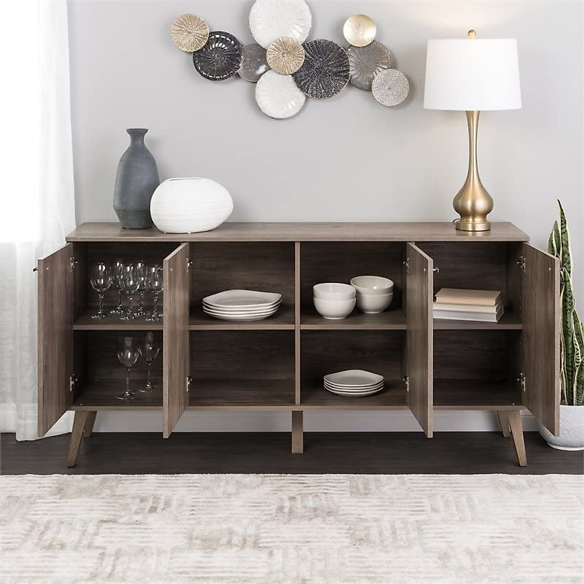 Prepac Milo Mid-Century 4 Door Buffet, 16" D x 64" W x 32" H, Drifted Gray