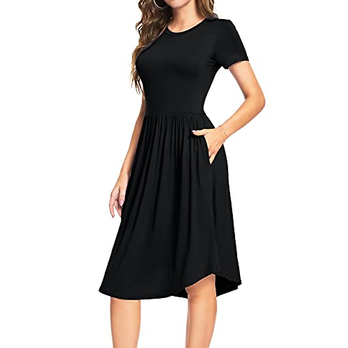 YUNDAI Women Summer Pockets Modest Teacher Casual Flowy Midi Knee Length Dress X-Large, Plain Black