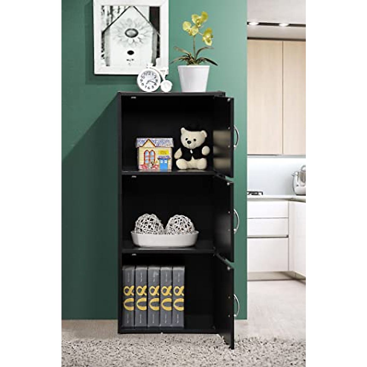 HODEDAH IMPORT 3-Shelf Bookcase Cabinet, Black