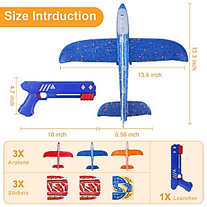 Gelaer 3 Pack Airplane Launcher Toy, 12.6" Foam Airplane Led Plane, 2 Flight Mode Catapult Plane Toys, DIY Sticker, Outdoor Flying Toys Birthday Gifts for Kids Boys Girls 4 5 6 7 8 9 10 11 12 Year Old