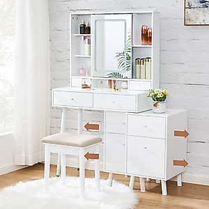 BEWISHOME Vanity Desk, White Vanity with Charging Station & Nightstand, Makeup Desk Makeup Vanity with Lights with 3 Colors Modes, Makeup Table Vanity Table with Sliding Mirror Dressing Table FST19W