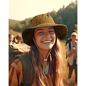 Wide Brim Bucket Sun Hat Packable Cotton Washed UPF 50 Beach Hat for Women Men with Strings Cowboy Outdoor Safari Boonie Cap Brown