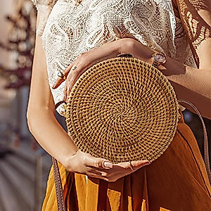 WOWLADY Round Rattan Bags Woman Handwoven Straw Purse Bag Crossbody Shoulder Leather Straps Natural Chic Leather Buckle