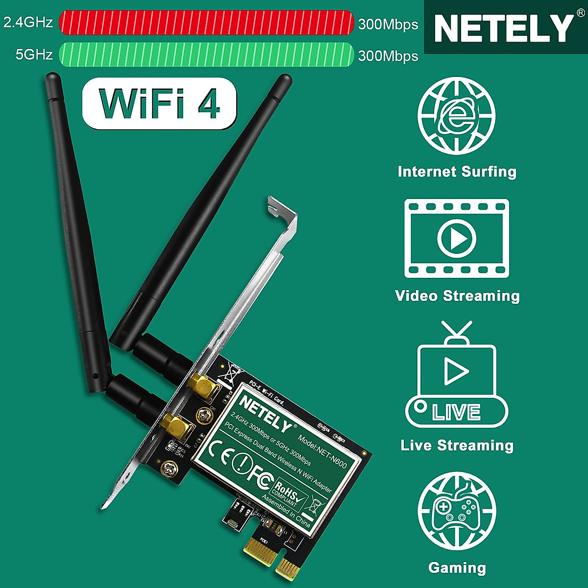 NETELY Wireless N Dual Band 600Mbps 2-Stream PCIE WiFi Adapter for Desktop PCs, PCIE WiFi Card, 2.4GHz 300Mbps and 5GHz 300Mbps, Qualcomm Atheros Wireless Network Adapter(NET-N600)