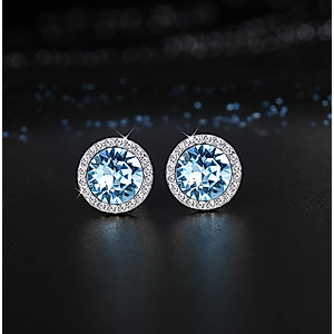 KesaPlan Sterling Silver Crystals Stud Earrings for Women, Made of Austria Crystals, Round-Cut Rhinestone Halo Bridal Earring Hypoallergenic Blue