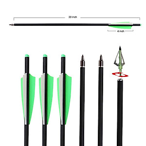 IRQ 20 Inch Crossbow Bolts and Crossbow Broadheads Set, Carbon Crossbow Arrows for Hunting and Outdoor Practice, 12 Green Arrows, 6 Broadheads(18 Pack)