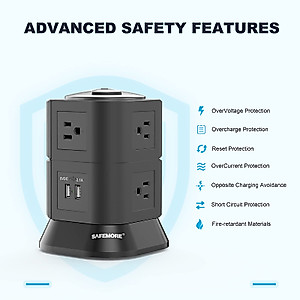 Power Strip Tower Surge Protector,7 AC Outlets with 2 USB Ports,6.5 Ft Extension Cord, Desk Power Outlet for Home Office(Black)