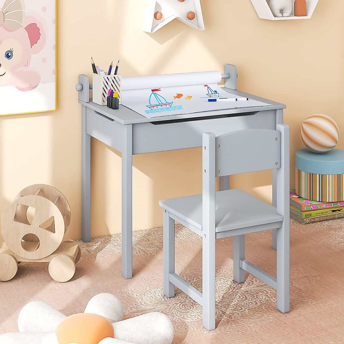 Costzon Kids Table and Chair Set, Flip Top Kids Art Craft Table w/Chair for Playroom Kindergarten, Toddler Drawing Writing Desk Set w/Paper Roll & 2 Markers, Gift for Boys Girls Ages 3+ (Gray)