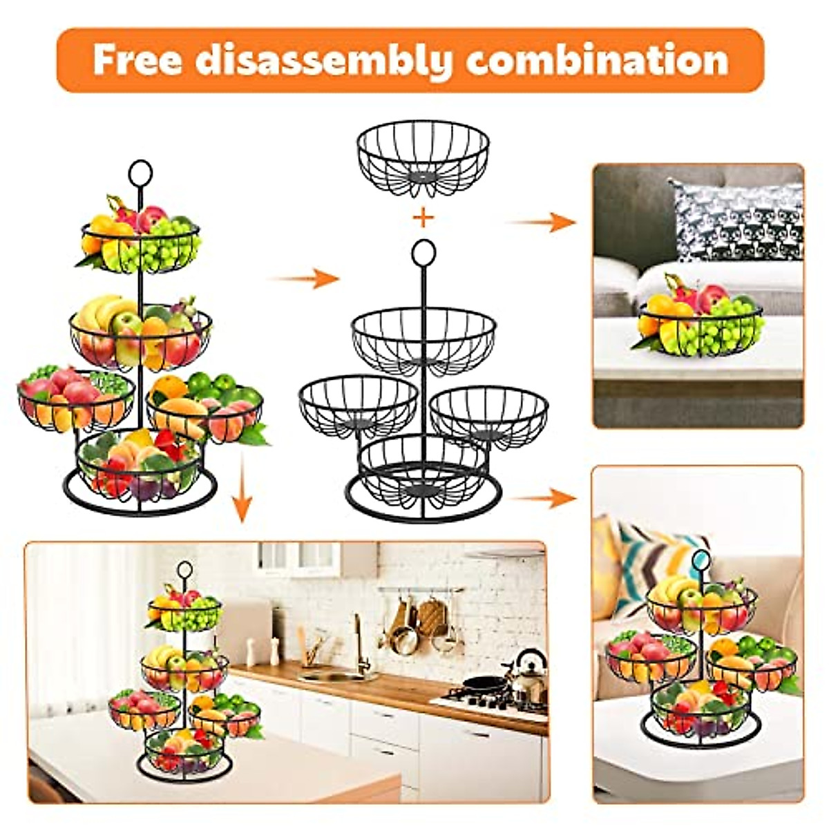 5 Tier Fruit Basket for Kitchen Counter, Large Capacity Metal Wire Countertop Fruit Bowl Vegetables Storage, Detachable Snacks Stand Holder Organizer for Onions Potatoes Produce, Black
