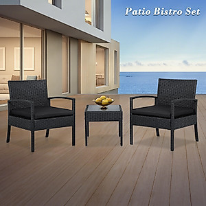 Athena Collection Patio Furniture Set PE Rattan Conversation Set of 3 Outdoor Bistro Table and Chairs Set with Seat Cushion for Garden, Front Porch, Backyard, Black