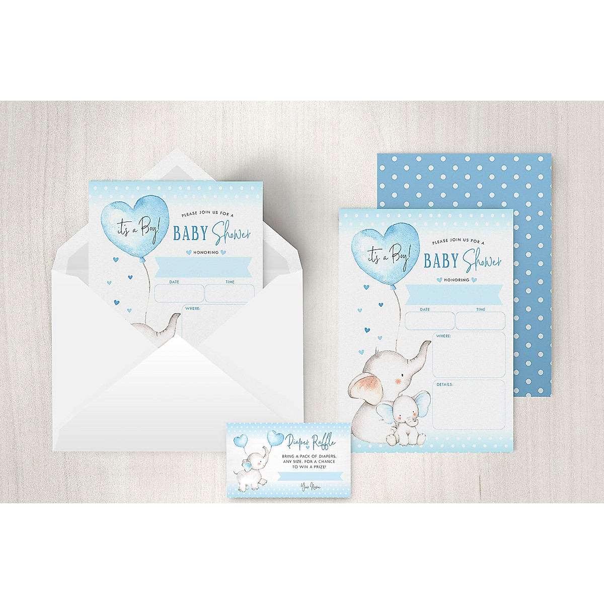 Your Main Event Prints Boy Elephant Baby Shower Invitations, Peanut Baby Shower Invites with Diaper Raffles Cards, Sprinkle, 20 Invites Including Envelopes