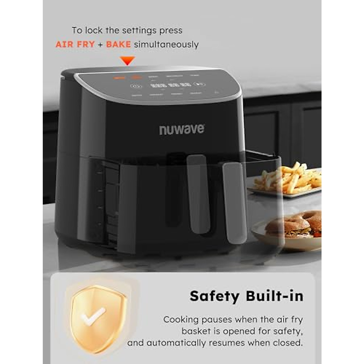 Nuwave Brio Plus 8 Qt Air Fryer, PFAS Free, New & Improved, Digital Touch Screen, Cool White Display, 50°F~400°F in Precise 5°, 5 Cook Functions, 100 Presets & 50 Memory, 3 Wattages 700, 1500, 1800