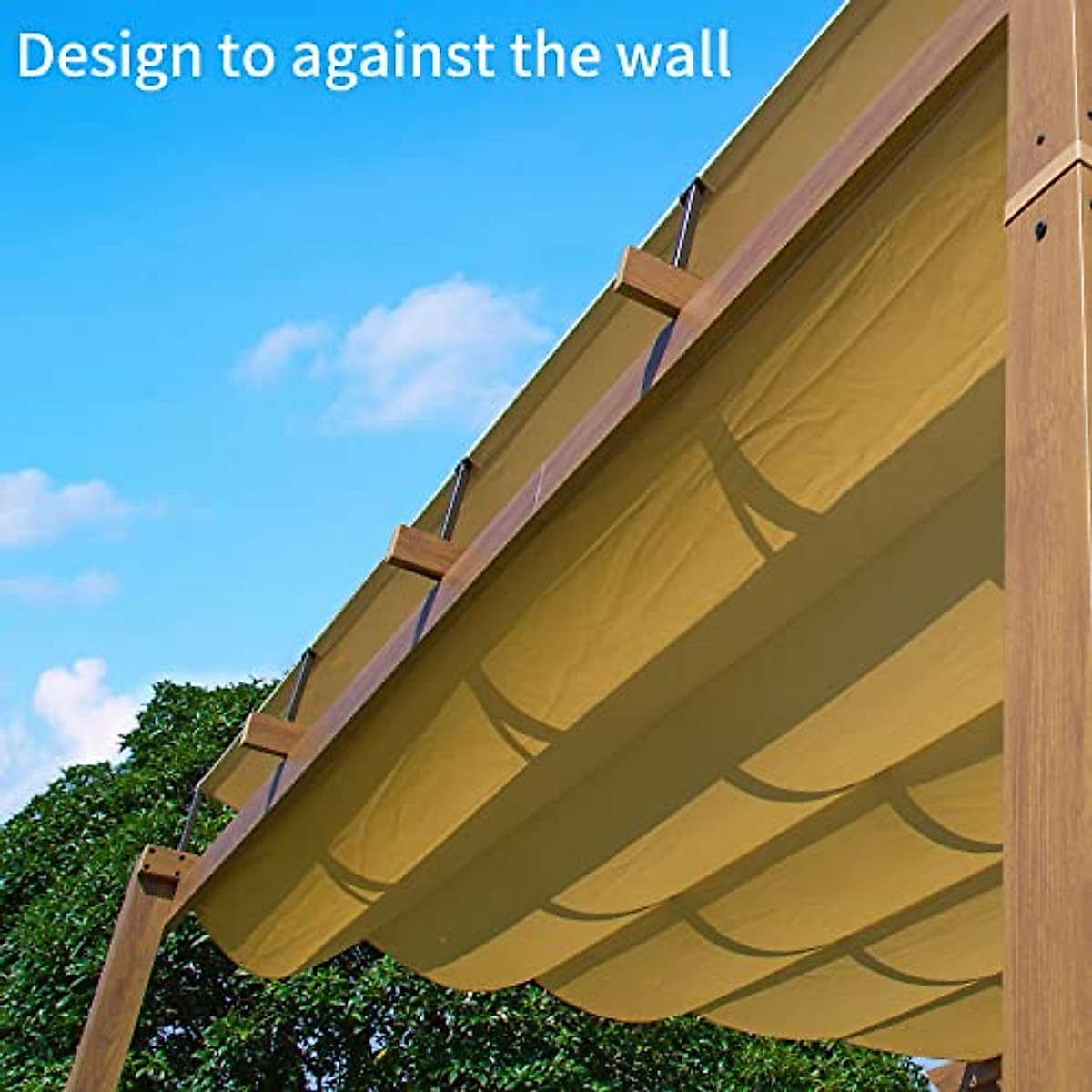 Domi Outdoor Living 9’ x 13’ Outdoor Retractable Pergola Against The Wall with Weather-Resistant Canopy Aluminum Garden Pergola Patio Grill Gazebo for Courtyard(Teak Coated)