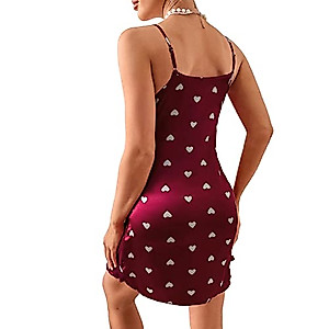 Vrtige Women's Satin Silk Heart Print Sleeveless Nightdress Chemise Nightgown Sleepwear Burgundy Small