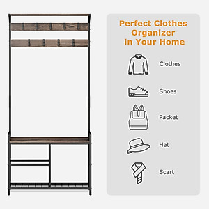 HOMEKOKO Coat Rack Shoe Bench, Hall Tree Entryway Bench with Storage, Wood Look Accent Furniture with Metal Frame, 3-in-1 Design (Dark Brown)