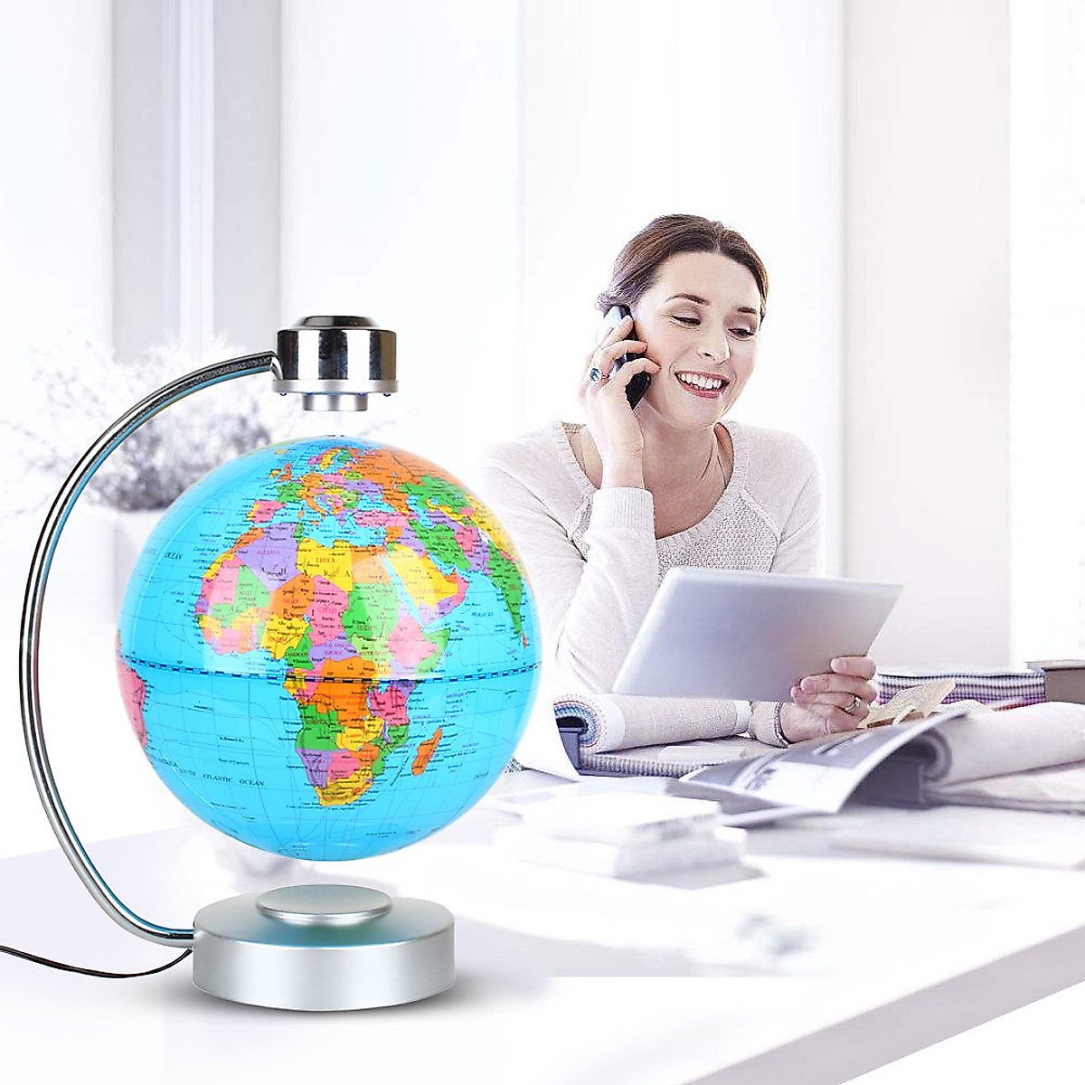Floating Globe, Office Desk Display Magnetic Levitating and Rotating Planet Earth Globe Ball with World Map, Cool and Educational Gift Idea for Him - 8" Ball with Levitation Stand (Blue)