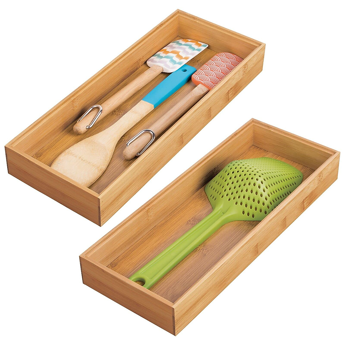 mDesign Wooden Bamboo Drawer Organizer - 15" Long Stackable Storage Box Tray for Kitchen Drawers/Cabinet - Utensil, Silverware, Spatula, and Flatware Holder - Echo Collection - 2 Pack, Natural Wood