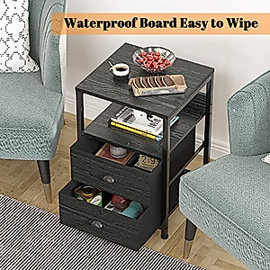 Furologee Nightstand with 2 Fabric Drawers, End Table with Storage Shelf, Industrial Bedside Table, Small Dresser Organizer Furniture Metal Frame for Living Room/Bedroom/Dorm/Hallway, Black Oak