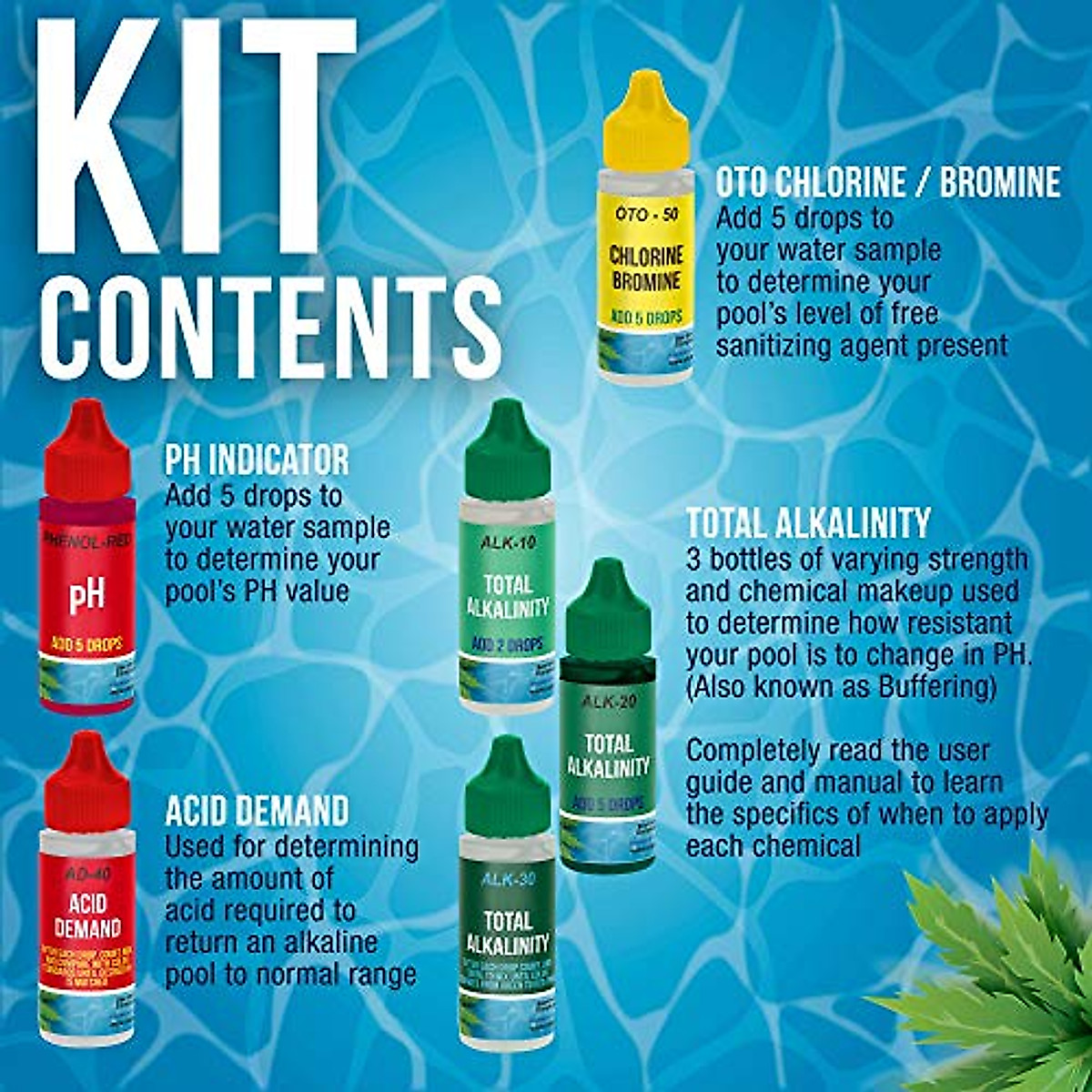 U.S. Pool Supply 6 Bottle Refill Solution Pack for Premium 5-Way Swimming Pool & Spa Test Kit - Replacement Indicator Bottles, Test Water for pH, Chlorine, Bromine, Alkalinity, Acid Demand - Chemicals