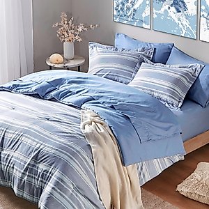 Full Size Comforter Set with Sheets, Modern Blue and White Striped Bed in a Bag, 7-Piece Complete Bedding Set Including Reversible Comforter, 2 Sheets, Pillowcases & Shams