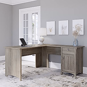 Bush Furniture Salinas L-Shaped Storage | Study Table with Drawers & Cabinets | Home Office Computer Desk, 60W, Driftwood Gray