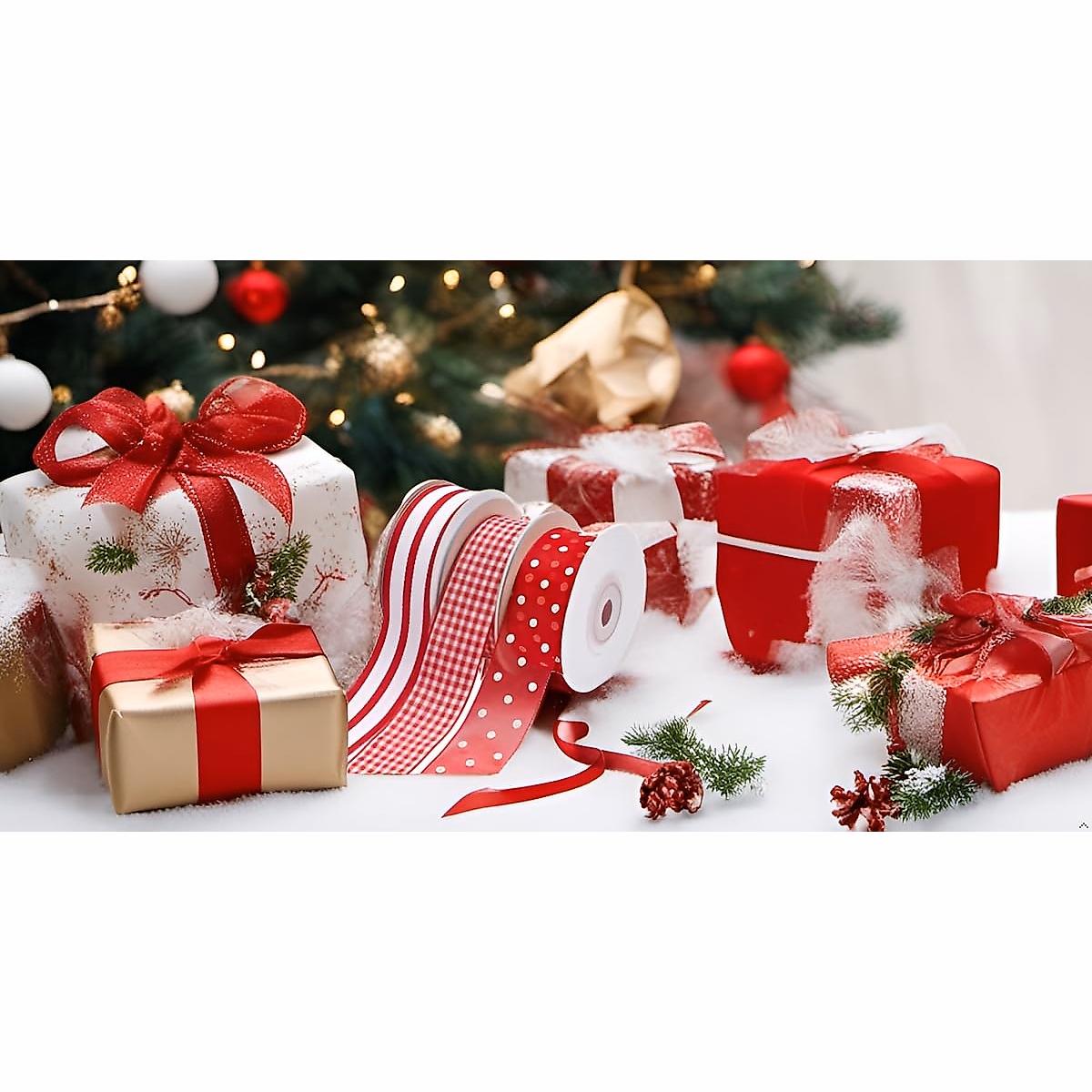 Fabric Ribbons Red and White Plaid Ribbon for Crafts, Grosgrain Striped Ribbon for Gift Wrapping, 1 Inch Organza Polka Dot Ribbon, 30 Yard