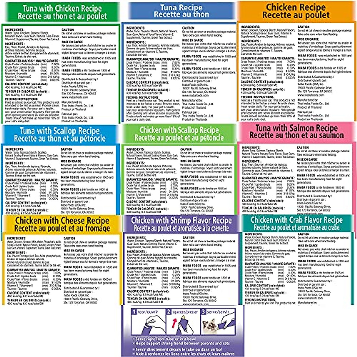 INABA Churu Cat Treats, Grain-Free, Lickable, Squeezable Creamy Purée Cat Treat/Topper with Vitamin E & Taurine, 0.5 Ounces Each Tube, 36 Tubes (4 per Pack), 9 Flavor Variety