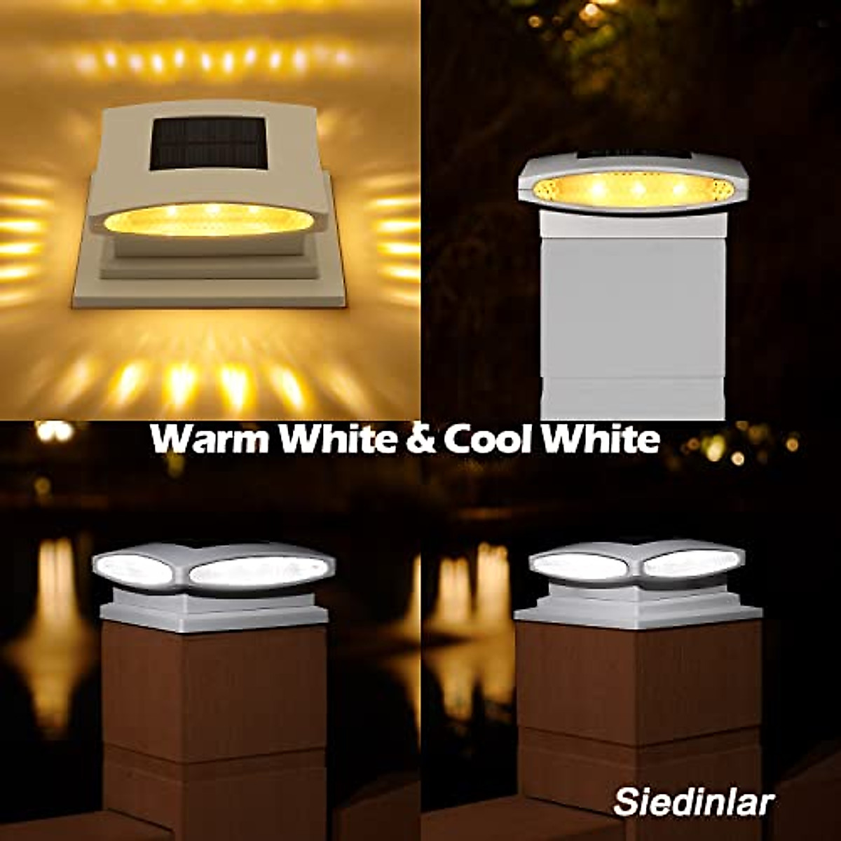 SIEDiNLAR Solar Post Cap Lights Outdoor, 2 Modes 24 LED Powered Fence Deck Light for 4x4 5x5 6x6 Garden Patio Decoration Warm White & Cool White, White (4 Pack)
