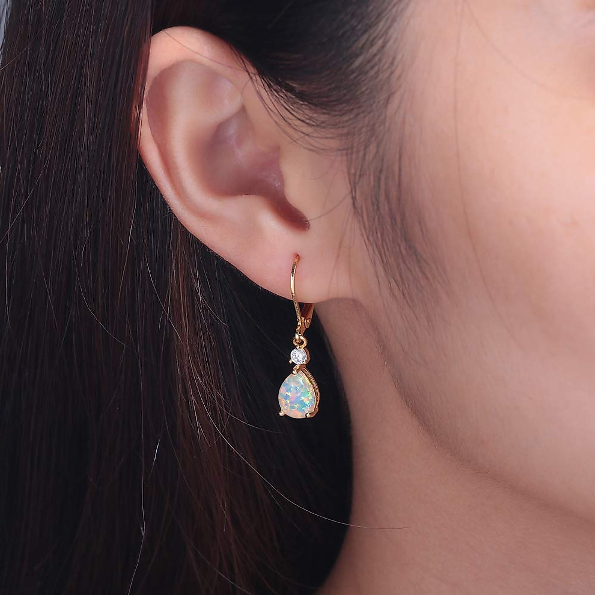 CiNily Small Gold Dangle Earrings Opal Leverback Drop Earrings for Women 14K Yellow Gold Plated Teardrop Gemstone Earrings