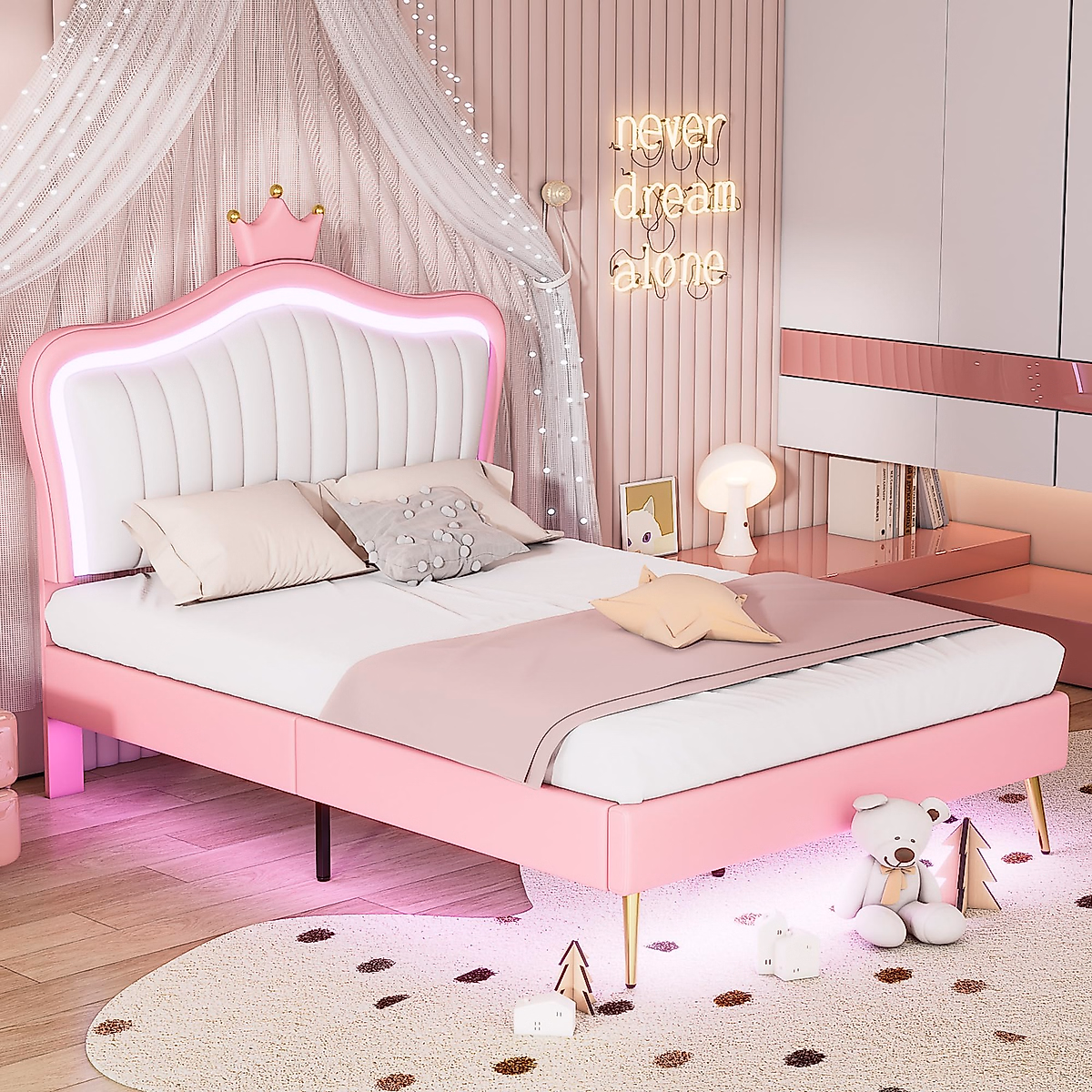 Full Size Modern Upholstered Princess Bed with Crown Headboard and LED Lights, PU Leather Wood Platform Bed Frame with Slat Support and Metal Feets, No Box Spring Needed (Full, White+Pink-01)