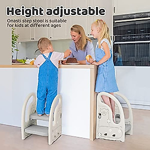 Onasti Toddler Step Stool for Bathroom Sink, Adjustable 2 Step Stop for Kids with Handles, Toilet Stool Potty Training, Plastic Ladder Toddler Helper Stool for Bedroom Kitchen Counter Grey White